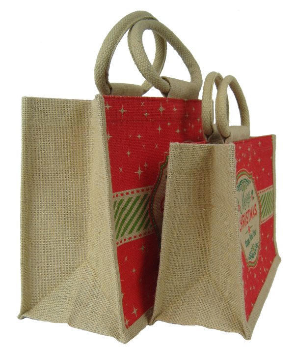 MEDIUM Open Jute Bag with Cotton Handles - 30cm - CHRISTMAS